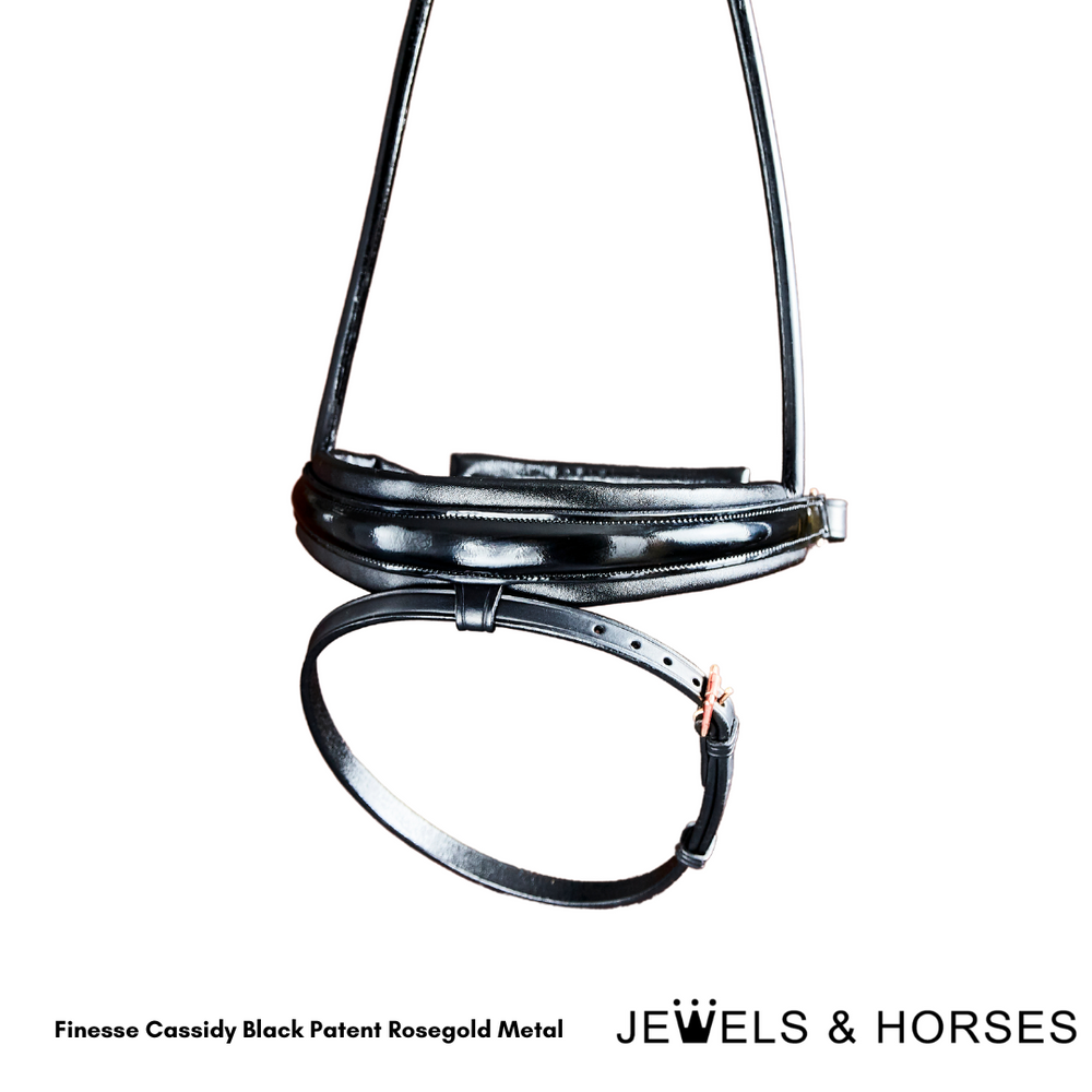 Finesse Bridle - Cassidy Rolled Snaffle with Cavesson - Patent Black & - Jewels and Horses Boutique